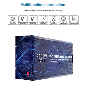 BYGD 2000W/4000W(Peak) Power Inverter 12V DC to 110V AC Converter with 4 AC Outlets Dual 2.1A USB Ports for Home, RV, Boat, Truck, Off-Grid Solar System