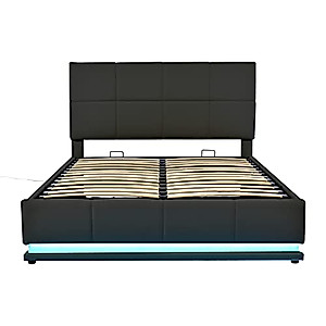 P PURLOVE Upholstered Platform Bed Queen with Adjustable Height Headboard and Hydraulic Storage System, PU Storage Bed Frame with LED Lights, USB Charging Ports and Slats, No Box Spring Needed (Black)