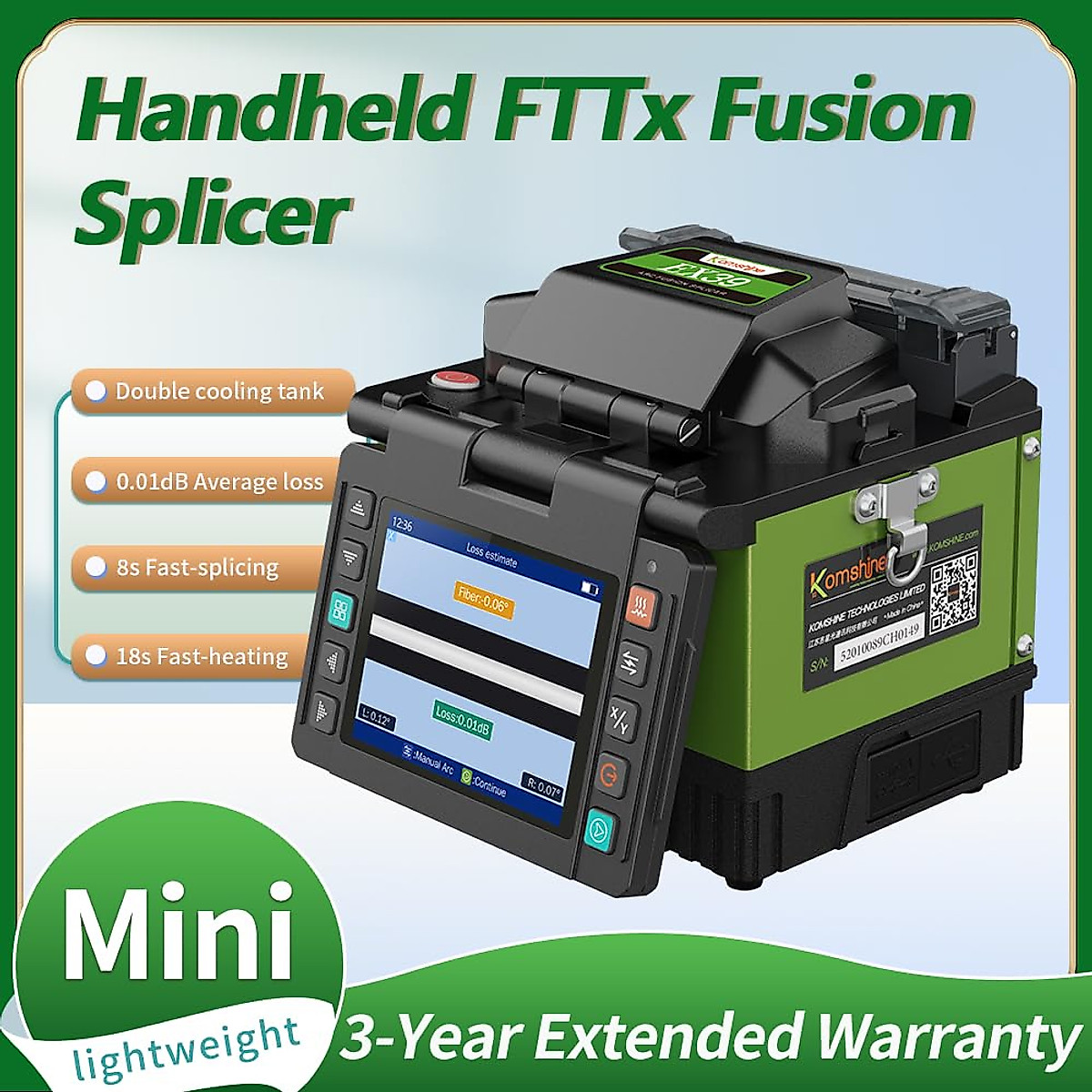 Komshine Optical Fusion Splicer EX39 FTTH Mini Fiber Fusion Splicer Machine Kit 8s Fast Splicing Fast-Heating 18s with Fiber Cleaver FC-30 Welding Machine Empalmador De Fibra óptica