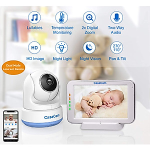 CasaCam Dual Mode Local & Remote View Baby Monitor with 5" Touchscreen and HD Pan & Tilt Camera, Secured Phone App, Two Way Audio, Lullabies, Nightlight, Night vision and Temperature Sensor. BM200 Pro