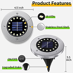 NFESOLAR Solar Lights Outdoor with 16 LEDs, Bright Solar Ground Lights Outdoor Waterproof Solar Disk Lights for Pathway Garden Yard Lawn Walkway Driveway (White 8 Pack)