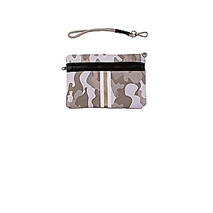 Haute Shore - Greyson Sahara Neoprene Tote Bag wZipper Wristlet Inside, Beige Camo WWhite & Rosegold Stripe