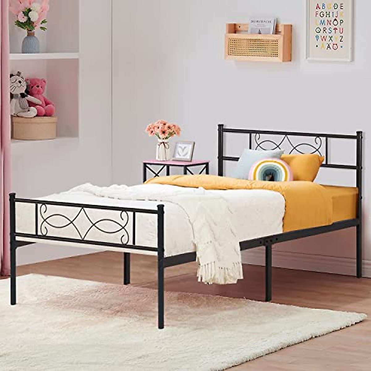 VECELO 14" Twin Size Metal Platform Bed Frame with Headboard,Premium Steel Slat Support No Box Spring Needed,Noise-Free Anti-Slip,Easy Assembly