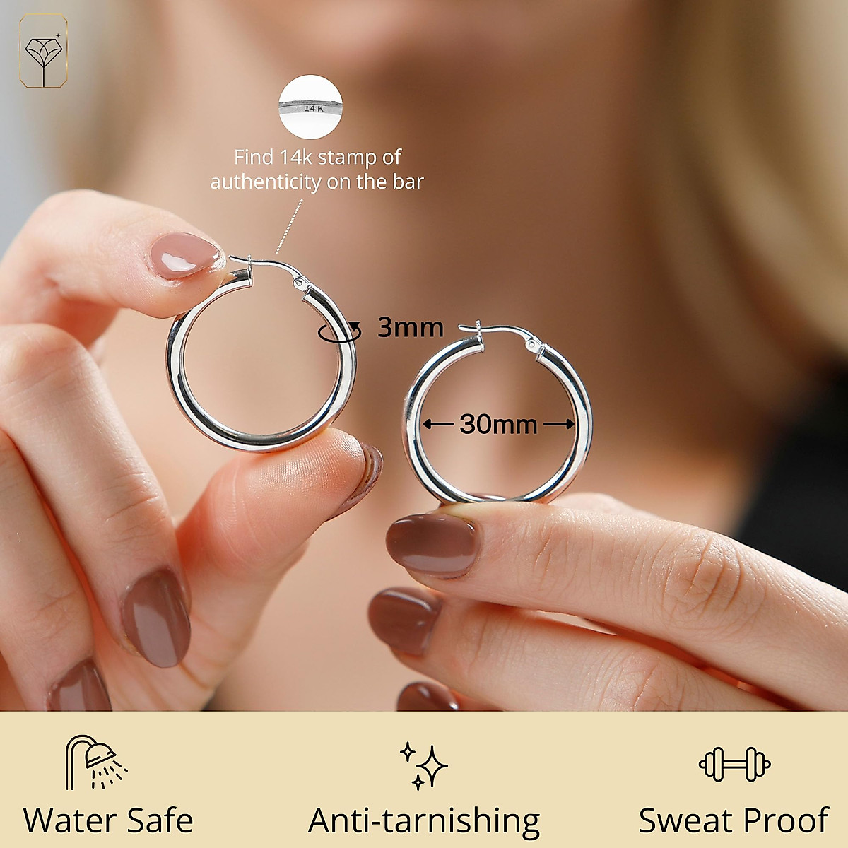 MAX + STONE Solid 14k Gold Hoop Earrings with Click Tops for Women | 1.2 Inch Large White Gold