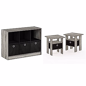 Furinno Basic 3x2 Bookcase Storage, 3" X 2", French Oak Grey/Black,99940GYW/BK & Andrey Set of 2 End Table/Side Table/Night Stand/Bedside Table with Bin Drawer, French Oak Grey