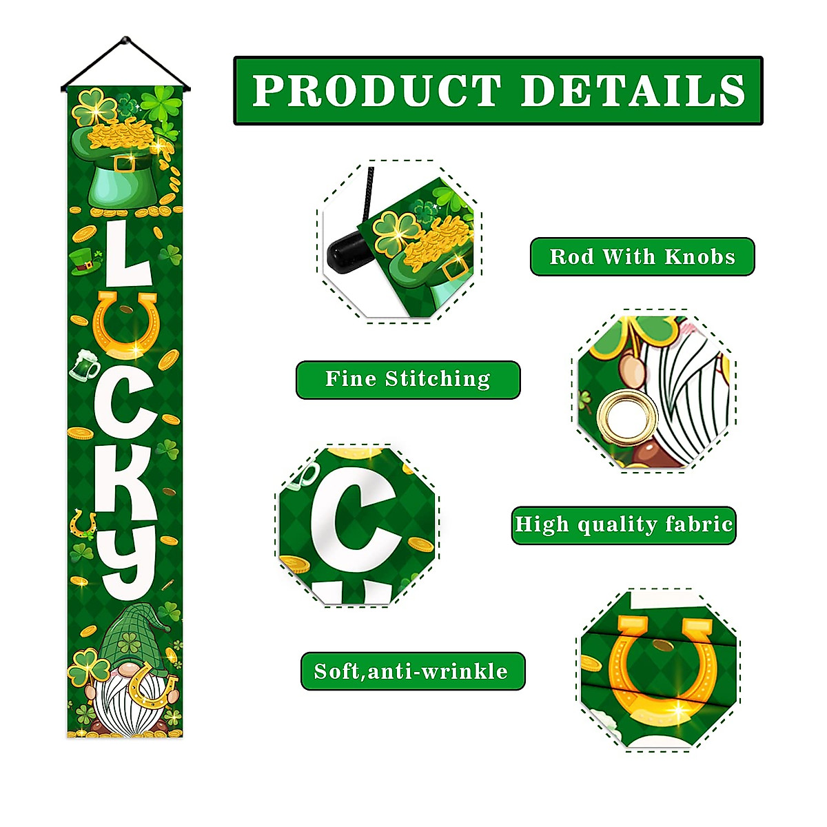 Happy St Patricks Day Banner, St Patricks Day Door Banner, Green Gold St Patricks Day Porch Sign for St Patrick's Day Party Decorations, Lucky St. Patrick's Day Banner for Indoor Outdoor tineit