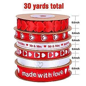 Zhanmai 6 Pieces Valentine's Day Ribbons Printed Heart Wired Ribbons Craft Satin Ribbons for Gift Wrapping DIY Supplies