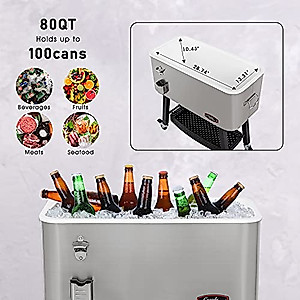 CreoleFeast CL8001S 80-Quart Premium Rolling Cooler, Stainless Steel Portable Cold Drink Beverage Cooler Cart for Outdoor Patio, Tailgating, Poolside BBQ Party, Silver