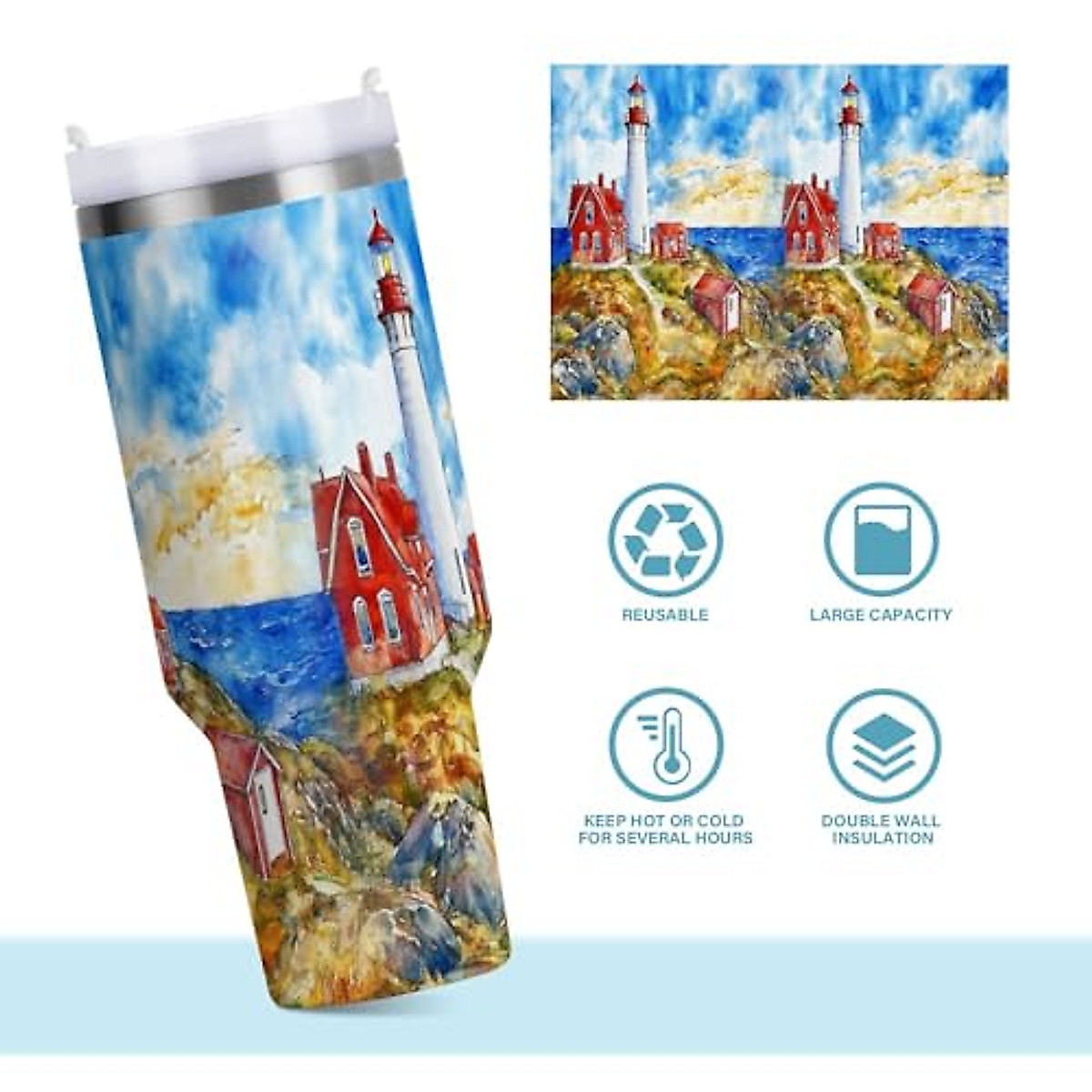 ODAWA Lighthouse Coffee Tumbler Reusable Insulated Water Bottle with Handle Travel Mug