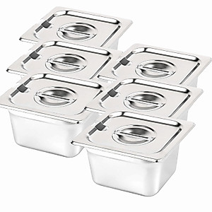 Generic 6 Pack Steam Table Pan, 4in Deep 1/6 Size Stainless Steel Food Pan Stackable Catering Pan with Lid for Restaurant, Hotel, Buffet, Party Supplies, 1.5L Capacity, Silver, KHJ93