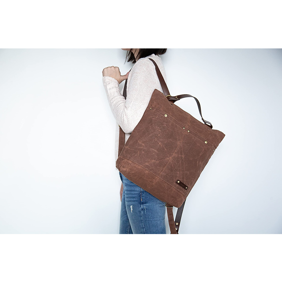 Small Convertible Totepack /Minimalist Slim Everyday Travel Daypack Women/ 14 Inch Laptop Backpack/ 8 Pocket College Bookbag/ Waterproof Lining/ Waxed Canvas & Leather/ Urbanist (Cinnamon Brown)