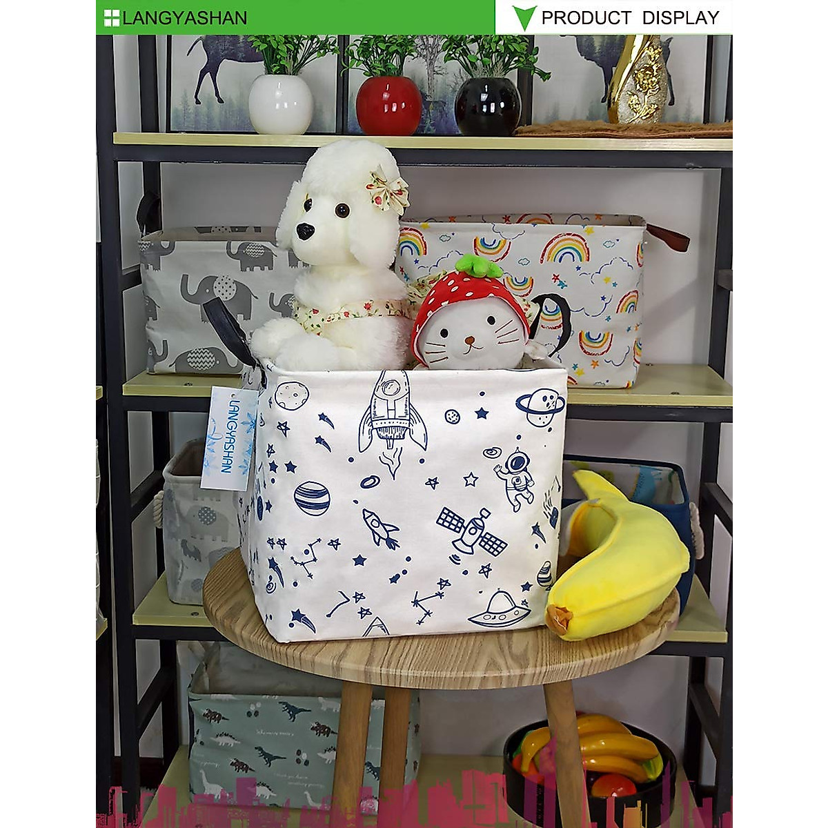 LANGYASHAN Square Storage Baskets Waterproof Canvas Children Laundry Nursery Hamper for Shelves Gift Baskets Toy Organizer Room Decor (Square spaceship)