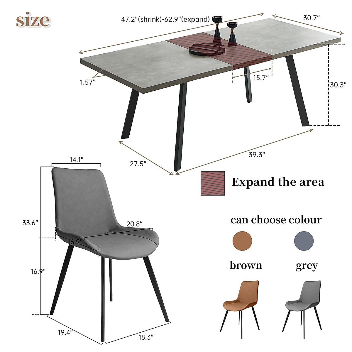 Zerifevni 7 Piece Dining Table Set, 62 Inch Modern Kitchen Table with 6 Dining Chairs for 4-6 Person, Expandable MDF Dining Table with Steel Legs for Dining Room, Kitchen, Save Space