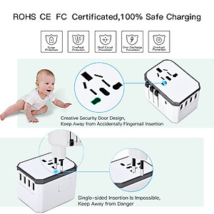 Universal Power Adapter, USB International Travel Adaptor All in One Worldwide Plug Fast Charger Outlet with 4 USB Ports AC Socket for US to AU UK Europe Over 224 Countries