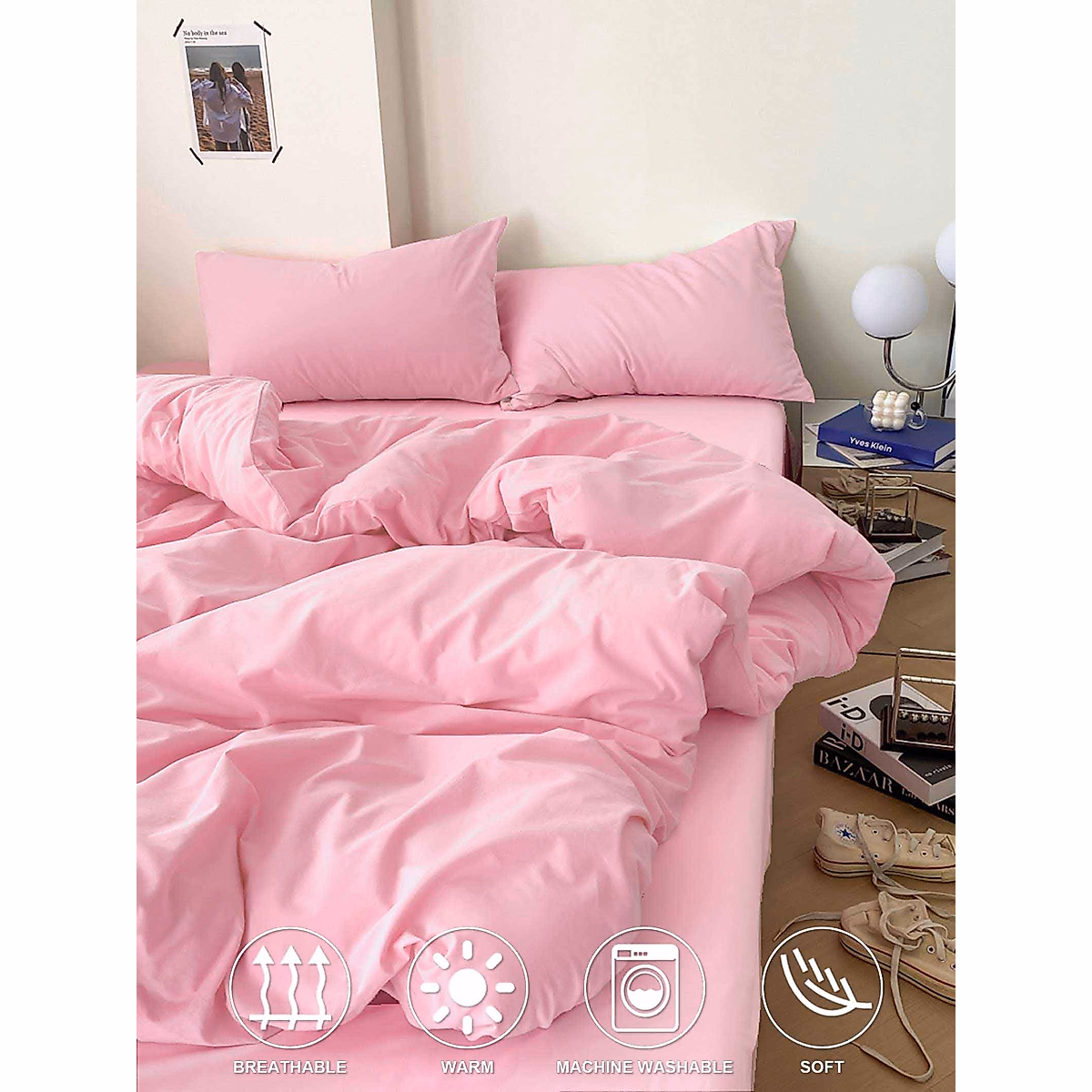 Nanko Pink Queen Size Duvet Cover Set, Luxury Lightweight Microfiber Bedding Sets with Zip Ties - Modern Bed Sets for Kids and Women Girls Chambray Teen 3pc 88 x 90 inch, Light Pink Coral