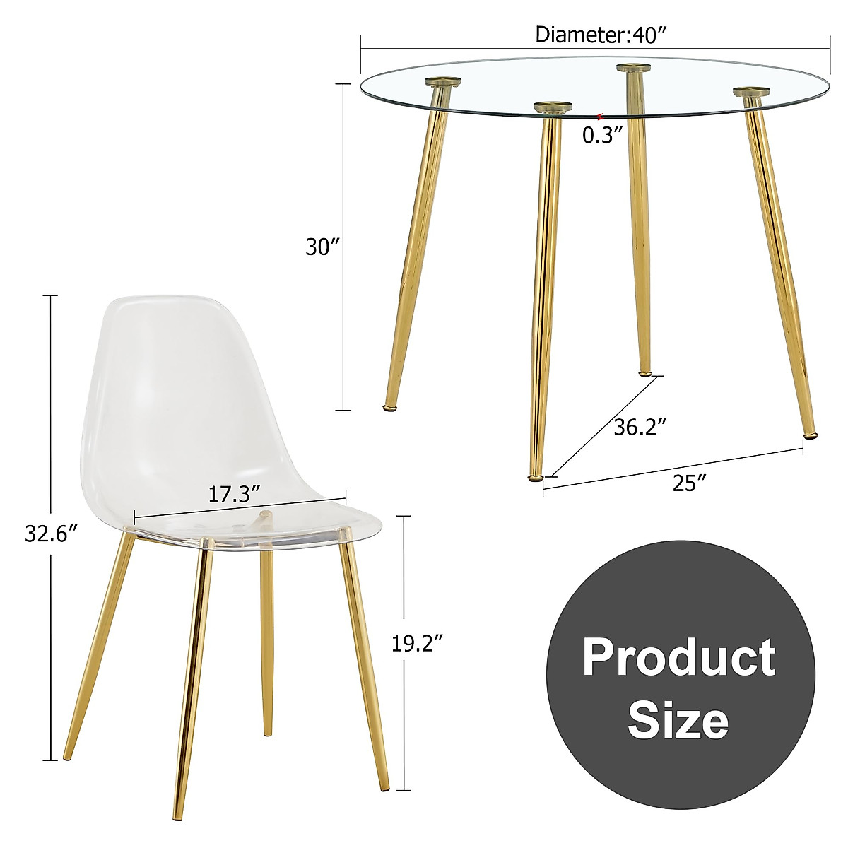 Gold Round Glass Dining Table Set for 4, Modern Kitchen Table and Chairs Set of 4, A Circle Small Round Dining Room Table and Clear Acrylic Chairs juego de comedor de 4 sillas y mesa
