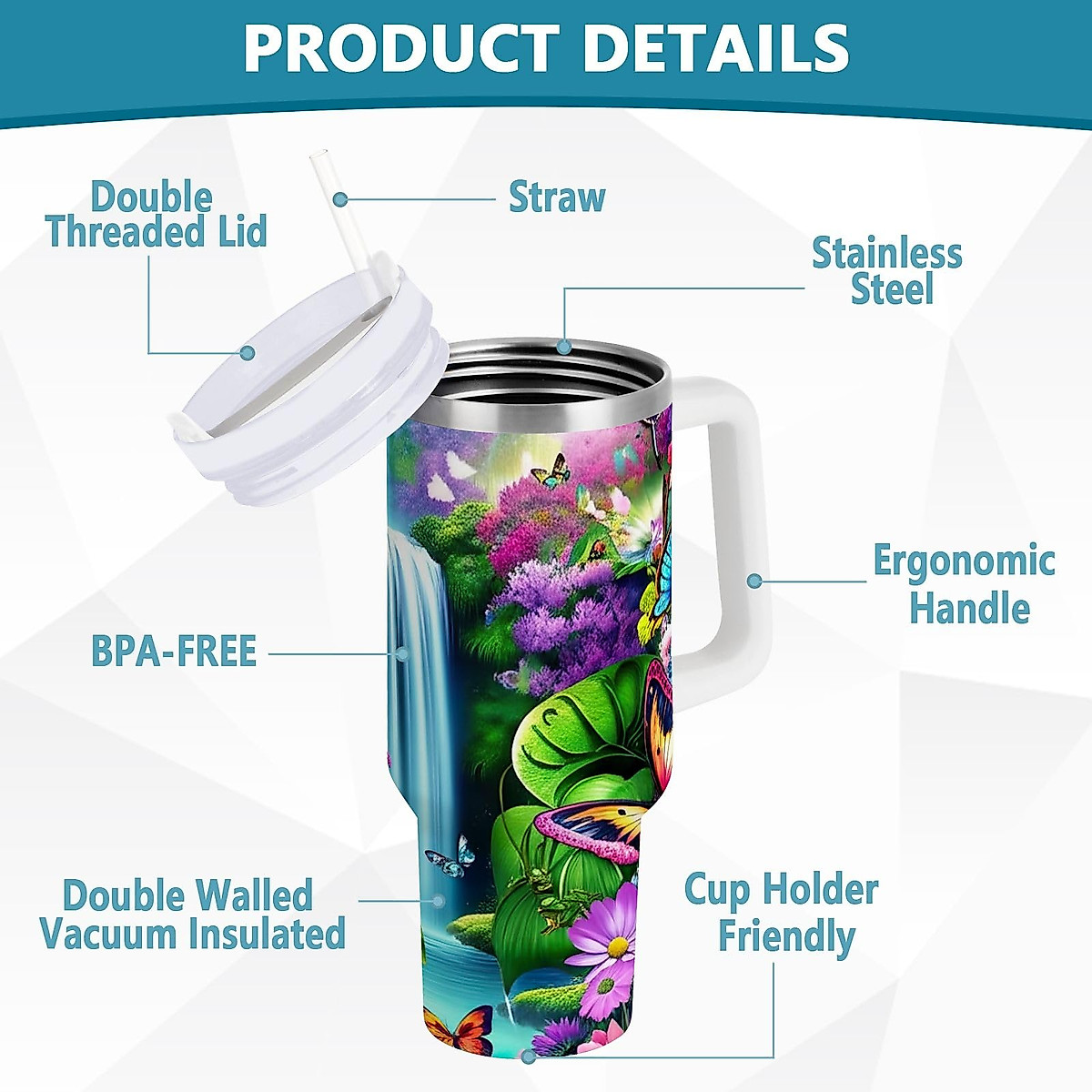 ODAWA 40 Oz Butterflies Floral Landscape Tumbler Cups with Handle and Straw, 2 in 1 Lid Insulated Stainless Steel Insulated Tumblers