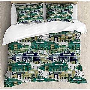 Ambesonne Retro Duvet Cover Sets, Retro Submarine Concept with Torpedoes Vintage Hand Drawn Squares Circles Image, Bedding Set with 2 Duvet Covers 4 Pillowcases, 2 Pack Cal King Size, Multicolor