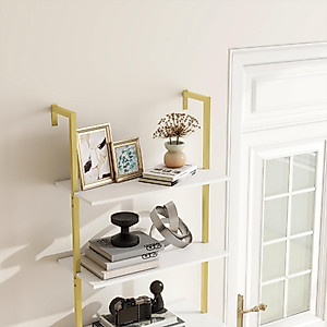 Panana Industrial 5 Tier Ladder Shelf, Open Space Book Shelf Wall Mount Bookshelf with Metal Frame Sturdy Bookcase for Living Room (White, 5 Tier)