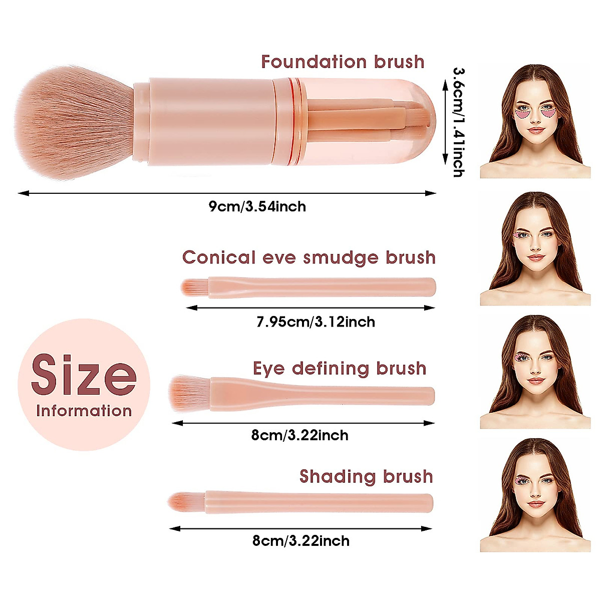Molain Retractable Makeup Brush, 4 in 1 Portable Travel Lip Brush, Highlight Brush, Eyeshadow Brush, Foundation Blending Powder Brush Mini Facial Cosmetic Makeup Brush Set (Pink)
