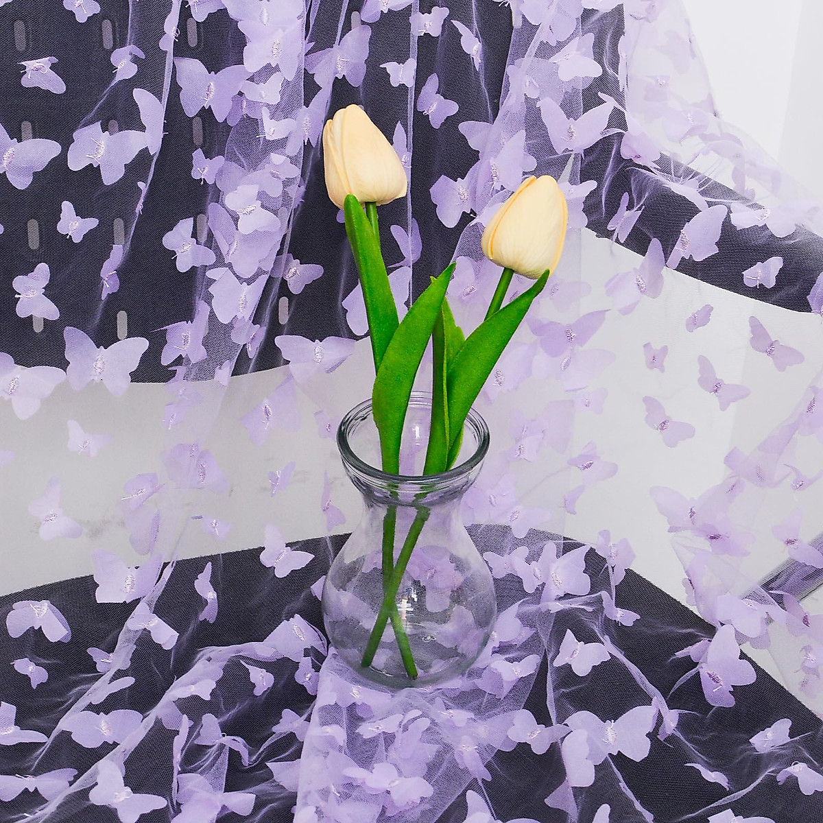 URROMA 1 Yard Embroidery Butterfly Lace Fabric, Purple 3D Butterfly Lace Fabric Mesh Tulle lace for DIY Wedding Dress Costume Accessories Veil Home Decor