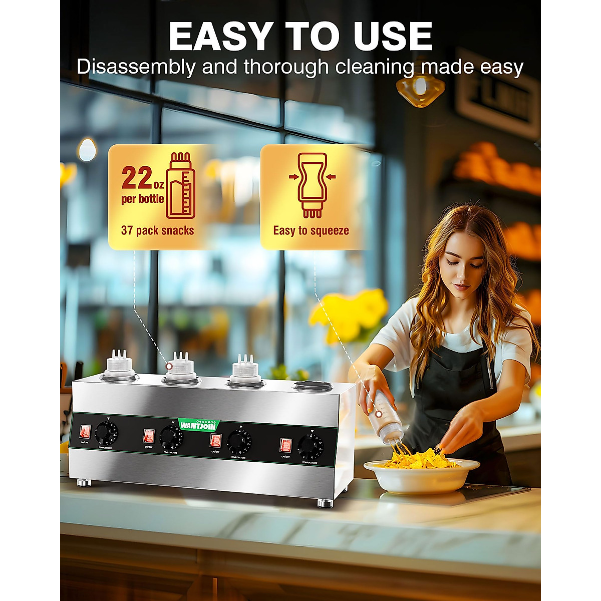 WantJoin Electric Sauce Warmer Dispenser - Countertop Stainless Steel Sauce Heat Preservation Machine 640W Hot Fudge Nacho Cheese Ketchup Chocolate Warmer for Commercial with 650ml Squeeze Bottle*4