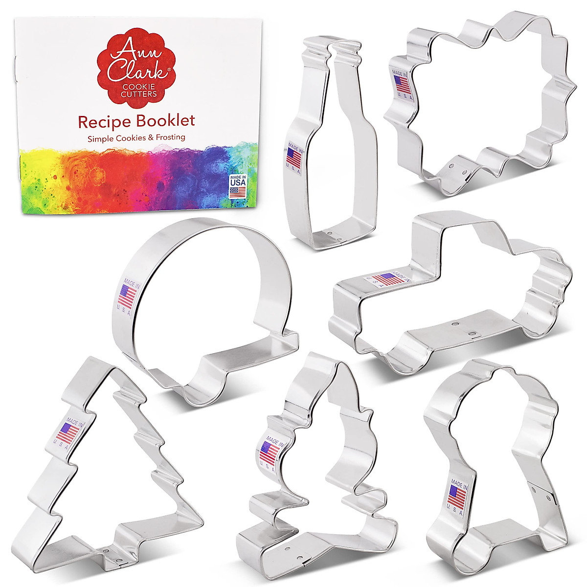 Father's Day Camping Cookie Cutters 7-Pc. Set Made in the USA by Ann Clark, Camper, Campfire, Grill, Pine Tree, Beer/Soda Bottle, and more