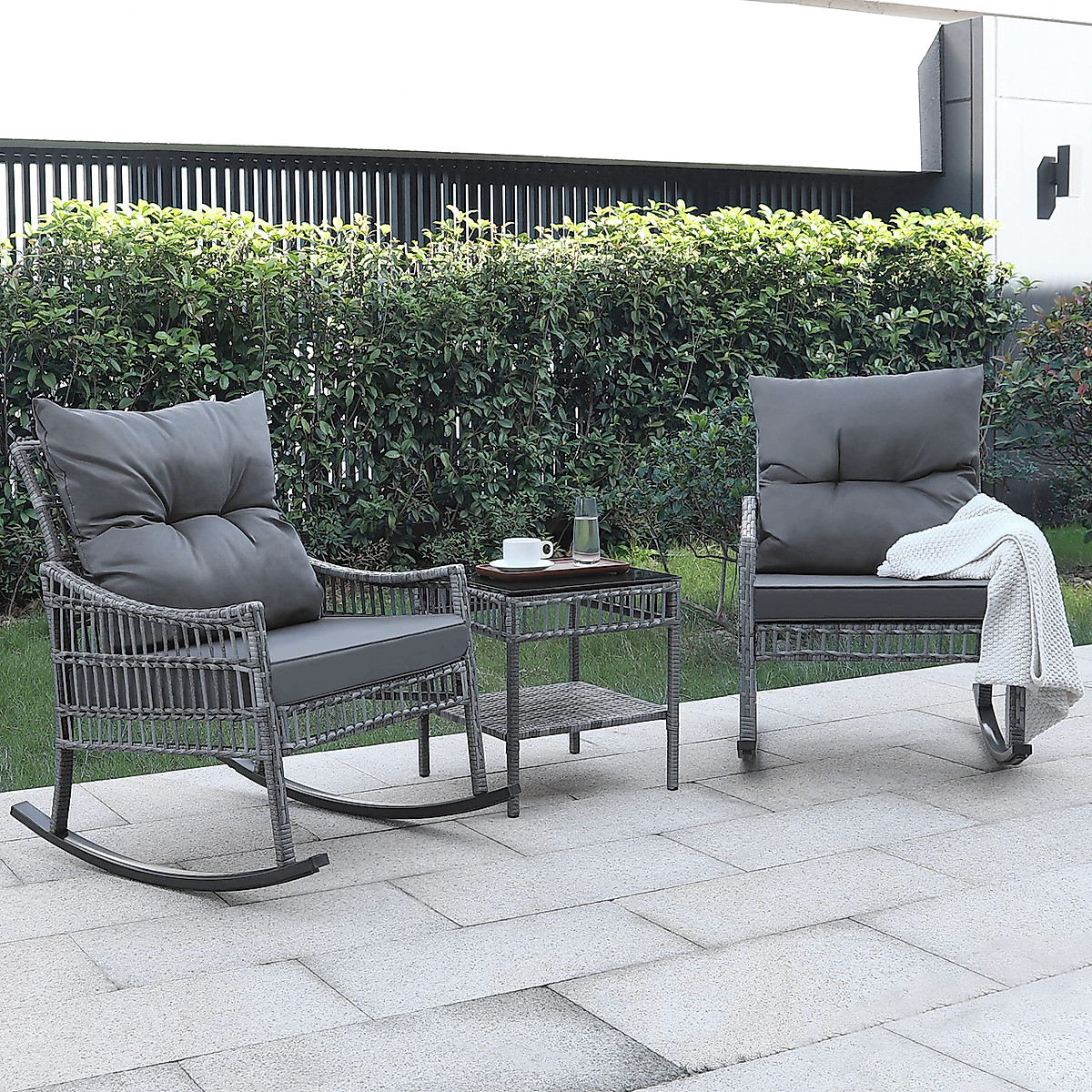 MUPATER 3-Piece Outdoor Rocking Chair Wicker Bistro Set with Table and Cushions, Patio Rattan Rocker Bistro Set for Porch, Grey