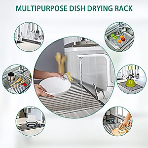 Roll Up Dish Drying Rack, 20.4’’ x 14.1’’ Over The Sink Multipurpose Roll Up Dish Rack Kitchen Portable Roll Up Sink Drying Rack, Anti-Slip Silicone Rolling Dish Drainer for Kitchen Counter