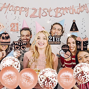 WOJOGO 21st Birthday Decorations For Her, Rose Gold & Black 21 Birthday Decorations Including 21st Birthday Banner Hanging Swirls Cake Topper Balloons for Party Supplies