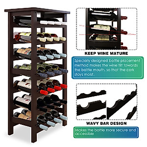 SMIBUY Bamboo Wine Rack, 28 Bottles Display Holder with Table Top, 7-Tier Free Standing Storage Shelves for Kitchen, Pantry, Cellar, Bar (Dark Brown)