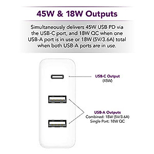 ZMI zPower 3-Port Travel Charger with 25W PPS Support: 45W USB-C PD and 18W-Split Dual USB-A Wall Charger (White) [Note: This is Not a 45W PPS Charger for Galaxy Note10+]
