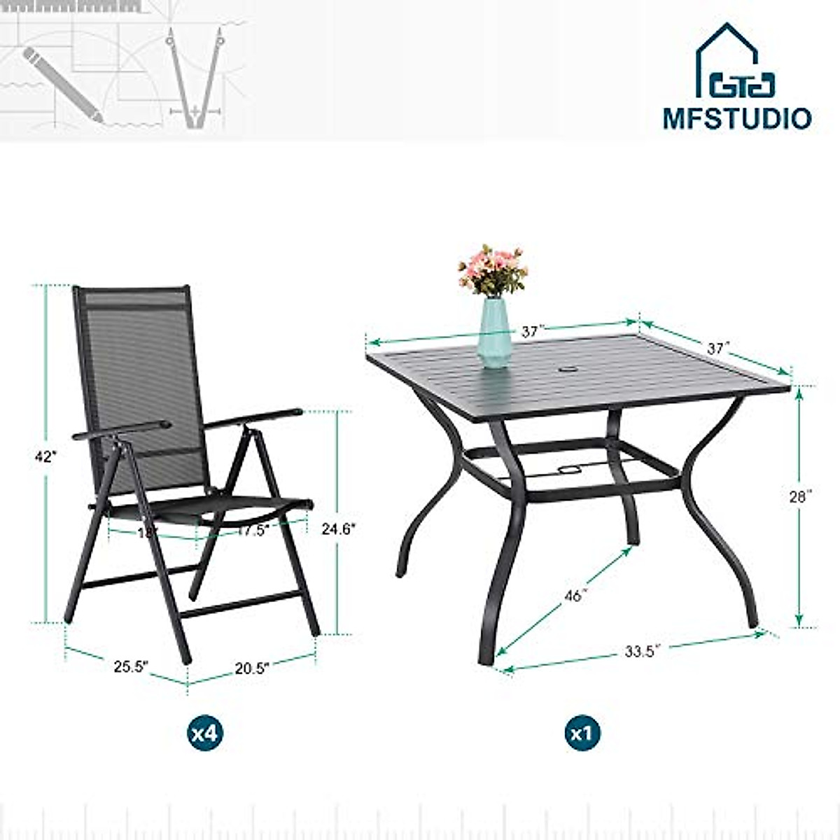 MFSTUDIO Outdoor Dining Set for 4, Aluminum Height Adjustable Folding Chair and Heavy-Duty Black Slat Metal Table, Patio Furniture Dining Table Set, Black