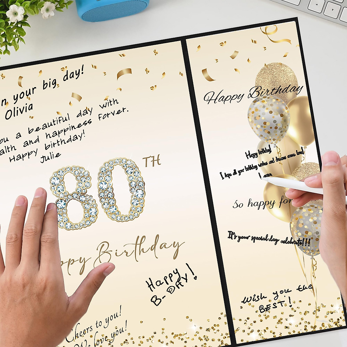 DARUNAXY Black Gold 80th Birthday Party Decorations, Happy 80th Birthday Alternative Signature Guest Book for Men Women Cheers to 80 Years Old Gifts 80 Birthday Signing Card Board Party Supplies