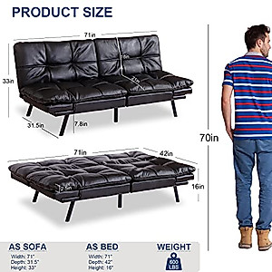 QAIIOO Futon Couch Modern Convertible Memory Foam, Faux Leather Loveseat Folding Sleeper Sofa Bed, Apartment, Dorm, Bonus Room, 71" D x 33" W x 31.5" H, Black 03
