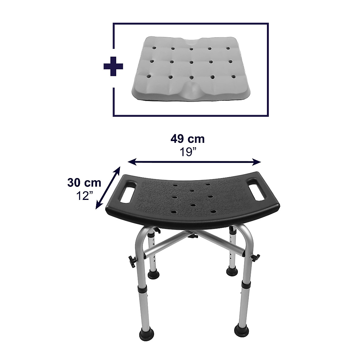 KMINA - Heavy Duty Shower Stool Padded (330 lb) with Double Reinforced Crossbar and Cushion, Shower Stool for Inside Shower, Shower Chair for Bathtub, Black Shower Seat Free Assembly - Made in Europe