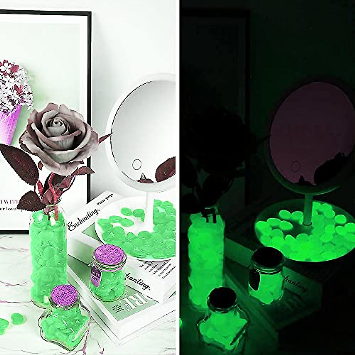 Muzero Glow in The Dark Pebbles, 100pcs Green Glowing Rocks Luminous Stone for Fish Tank, Garden Yard, Path Patio Aquariums Rocks Decor Light Up Rocks