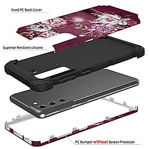 Hocase for Galaxy S21 FE 5G Case, Heavy Duty Shockproof Protection Soft Silicone Rubber+Hard Plastic Bumper Hybrid Protective Case for Samsung Galaxy S21 FE (6.4" Display) 2021 - Burgundy Flowers