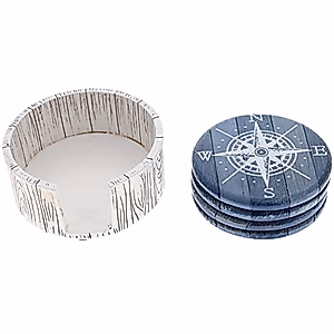 Compass Rose Coaster Set - Nautical Ocean Beach Boat Coastal Decor - Rustic Weathered Blue / White Finish