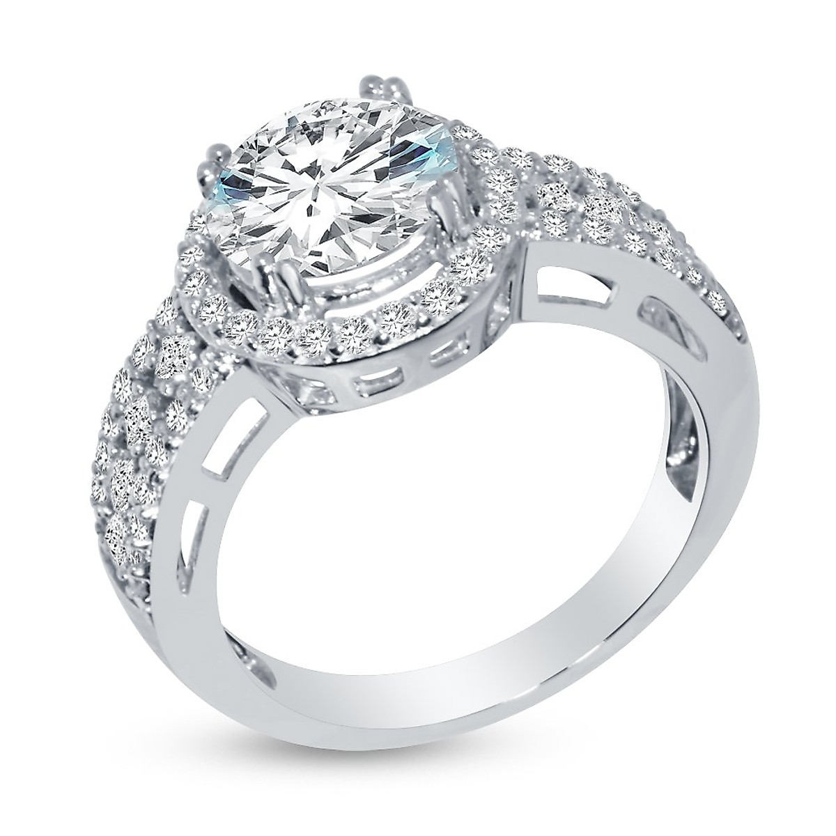 Size - 7 - Solid 14k White Gold Round Cut Big Large Wide Halo Solitaire Engagement Ring CZ Cubic Zirconia (4.0cttw., 2.50ct. Center)