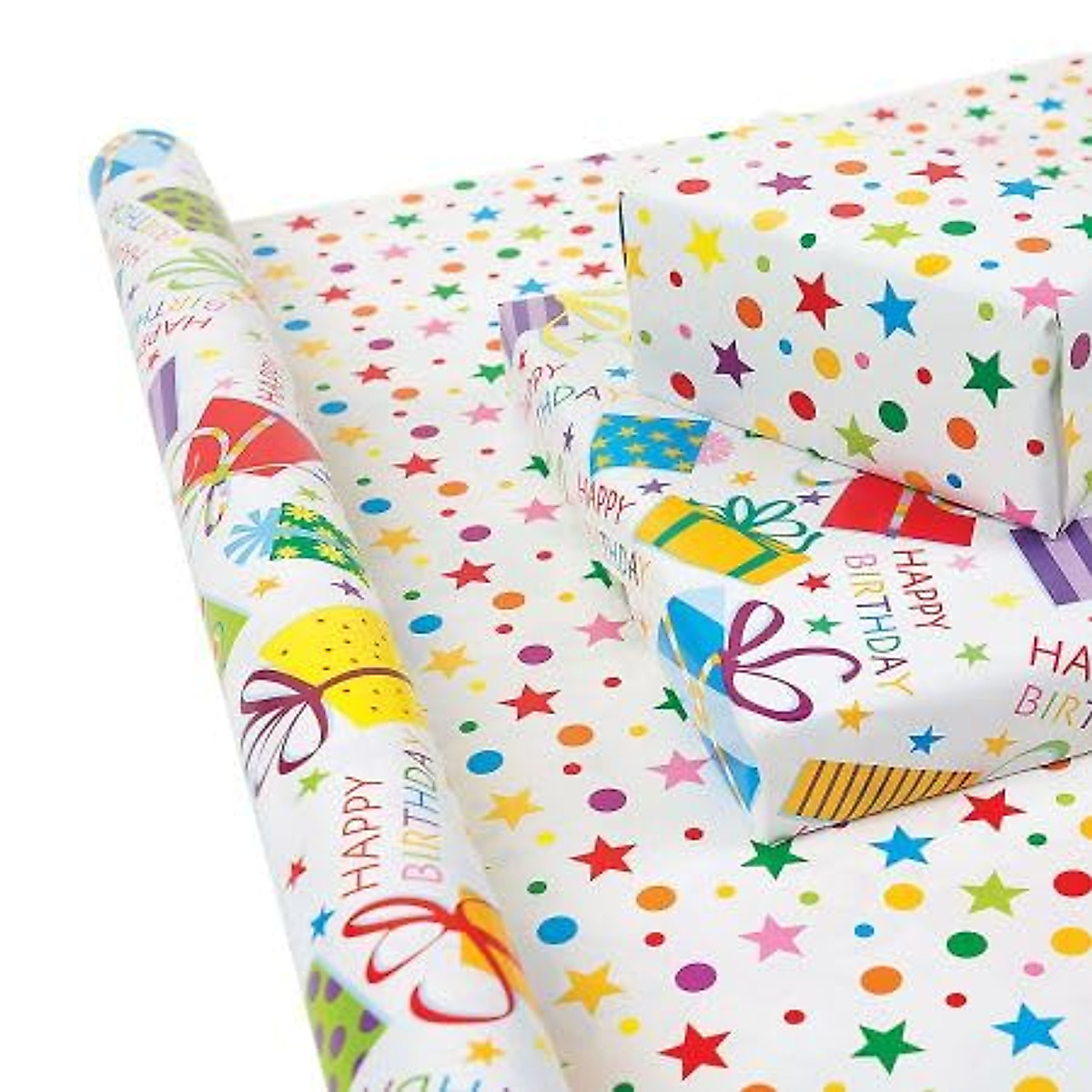 Happy Birthday Packages Double-Sided Jumbo Rolled Gift Wrap - 23 Inches x 32 Feet (61 Square Feet Total), Peek-Proof, For Birthdays, Graduations, Baby Showers and More