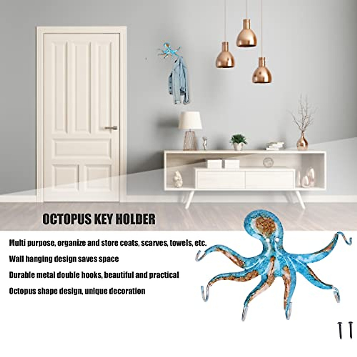 Octopus Key Holder, Unique Shape Iron Octopus Hook,Metal Hooks Wall Mounted Iron Octopus Hook,Space Saving Metal Hooks for Bedroom Bathroom Kitchen, Octopus Key Holder, Unique Shape Iron Octopus