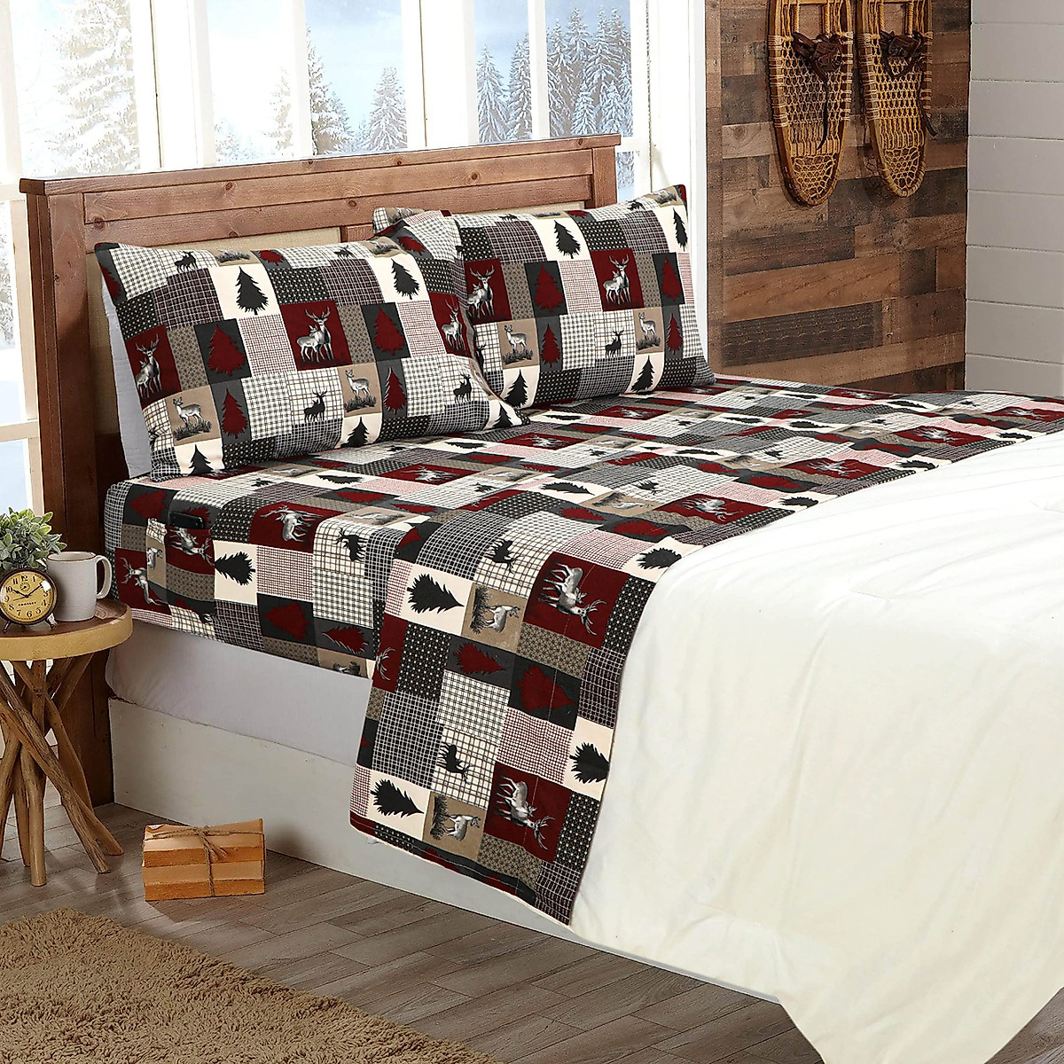 Sleepdown 100% Cotton Flannel Sheets Full - Super Soft, Heavyweight, Double Brushed, Anti-Pill Flannel Bed Sheets Full Size - 16" Deep Pocket Full Size Fitted Sheet X2 Side Pockets (Full, Lodge)