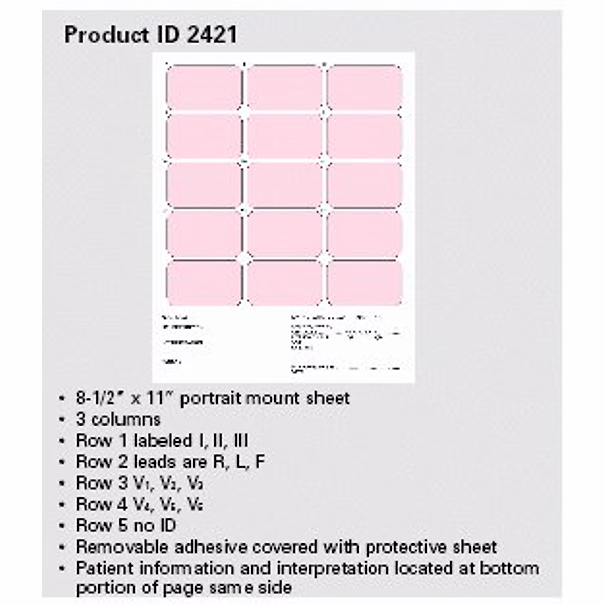 #2421 ECG Mounting Sheets with Patient Information - 8.5x11 Portrait, 3 Column, 15 Lead Segments (Box of 100 Mounts)