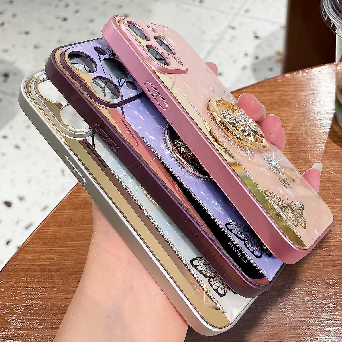 AMAZFCCY iPhone 13 Pro Max 6.7'' Kickstand Case, [Upgraded Metallic Paint] Cute 3D Butterfly Bling Glitter Luxury Rhinestone Hard Back Soft TPU Bumper for Apple iPhone 13 Pro Max 2021 (Purple)