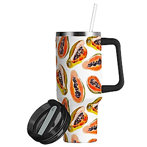 Yasala Car Tumbler with Handle Papaya Watercolor Travel Mug Coffee Cup Insulated Beverage Container Mega Cup for Hot Cold Drinking Thermos Water Bottle Cupholder Friendly 40 oz