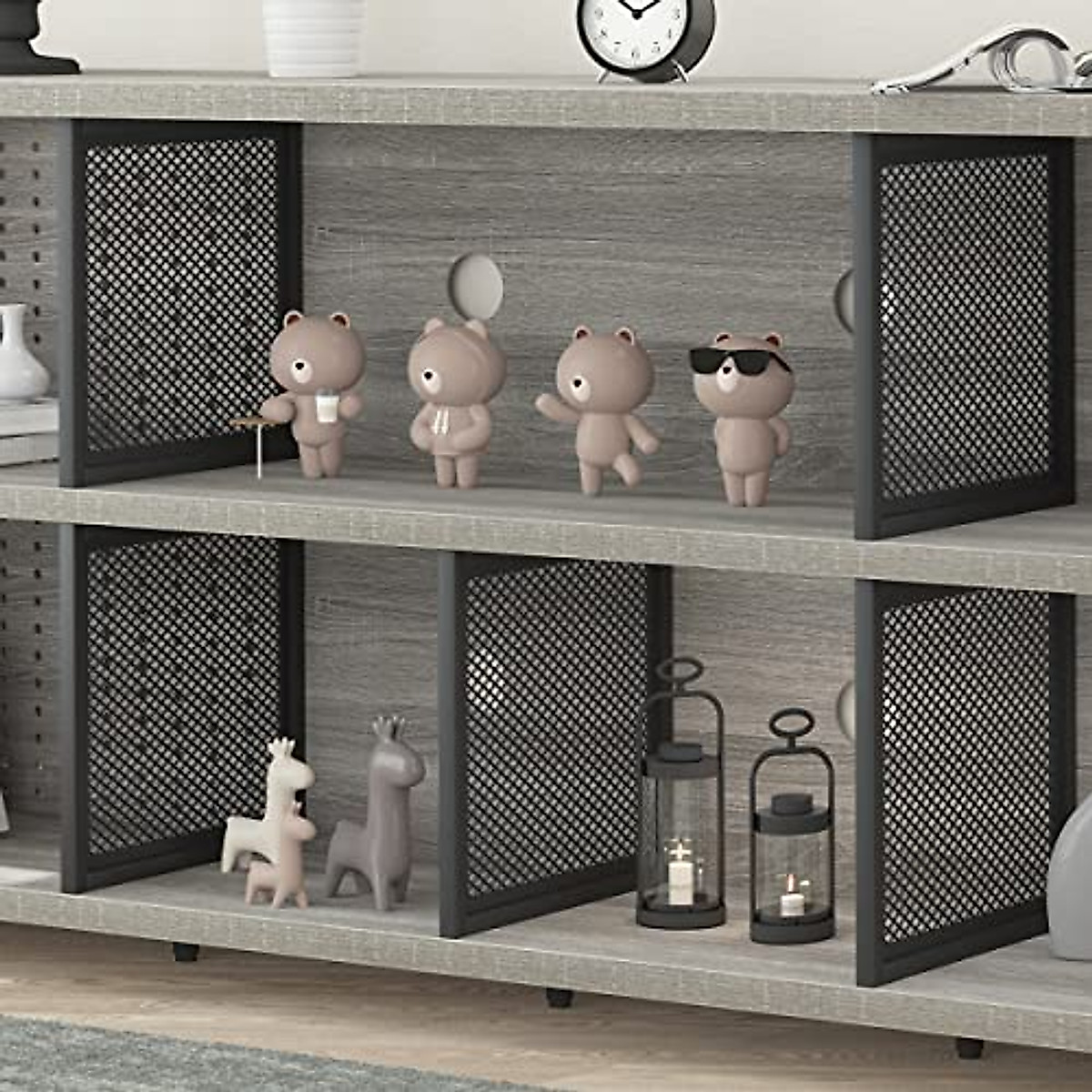 LVB Industrial 4 5 6 7 8 Cube Bookcase, Rustic Wood Metal Horizontal Bookshelf, Modern Wide Cube Organizer Storage Shelf, Large Long Low Book Shelf for Office Bedroom Living Room, Light Grey Oak 63 In