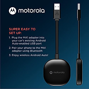 Motorola MA1 Wireless Android Auto Car Adapter - Instant Connection from Smartphone to Car Screen with Easy Setup - Direct Plug-in USB Adapter - Secure Gel Pad Included