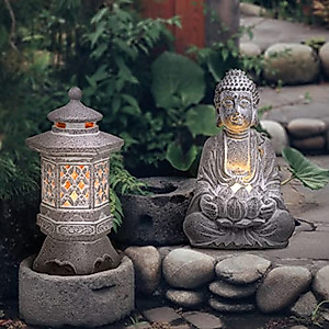 TERESA'S COLLECTIONS Pagoda Garden Statues with Solar Lights, Resin Zen Garden Lantern Asian Decor Outdoor Statues Yard Ornaments for Landscape Patio Porch Lawn Decorations, 12.6'' (Stone Finish)