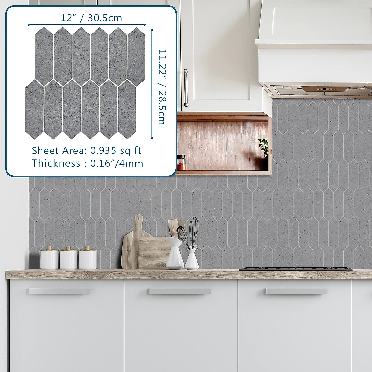 SUNWINGS Backsplash Tile for Kitchen Peel and Stick, Stone Composite Self Adhesive Tiles Faux Marble Pattern Long Hexagon Mosaic Wall Tile for Kitchen, 12 Inch x 11.22 Inch 10 Sheets Grey